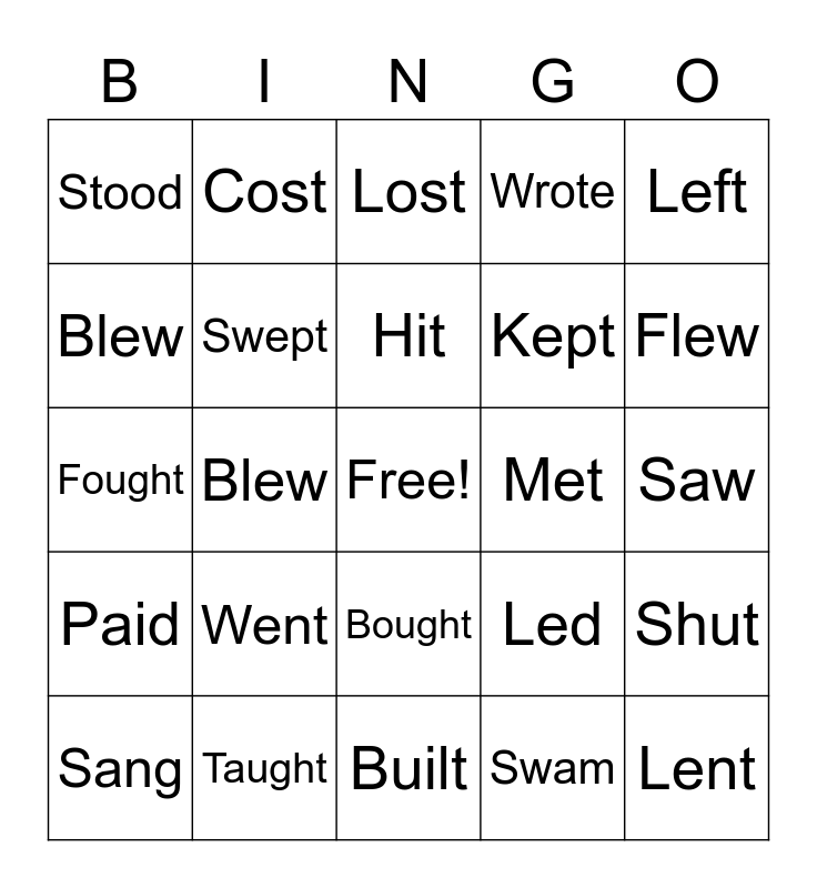 Irregular Verb Bingo Card