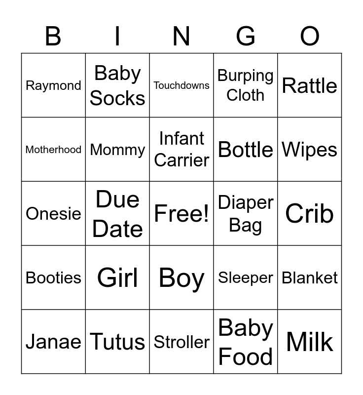 Janae’s Gender Reveal Bingo Card