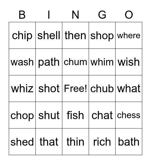 Digraphs Bingo Card