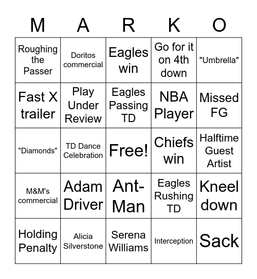 PHI vs KC "Bingo" Bingo Card