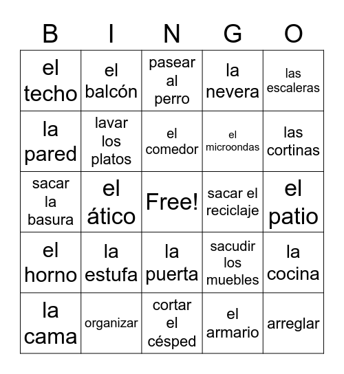 La casa y los quehaceres Bingo Card