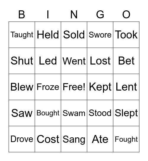Irregular Verb (Past Tense) Bingo Card