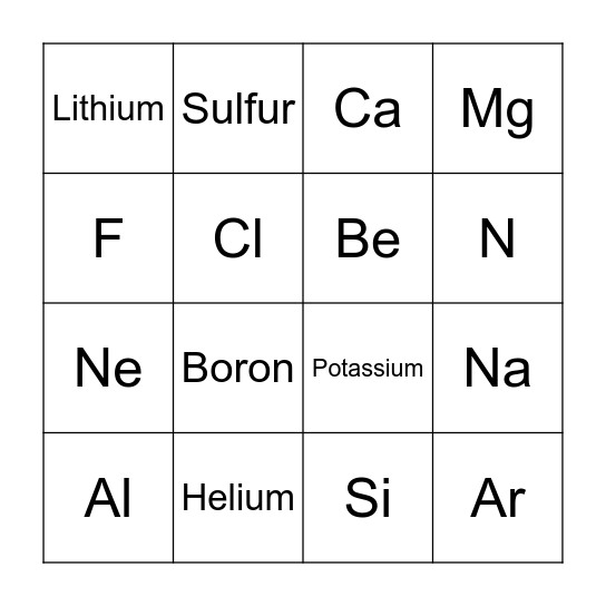 First 20 Elements Bingo Card