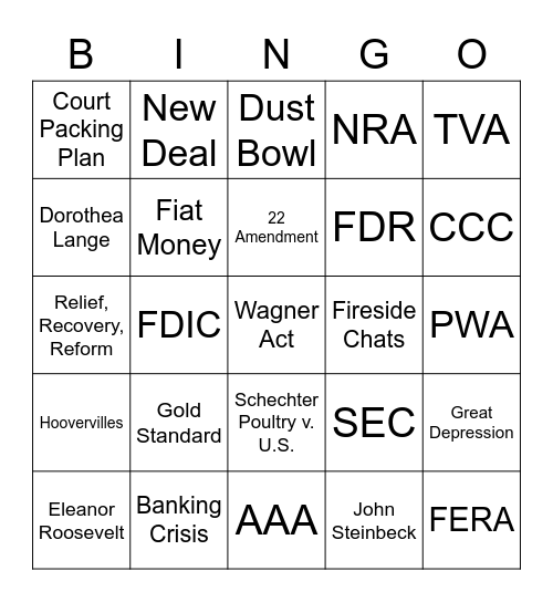 Great Depression/New Deal Bingo Card