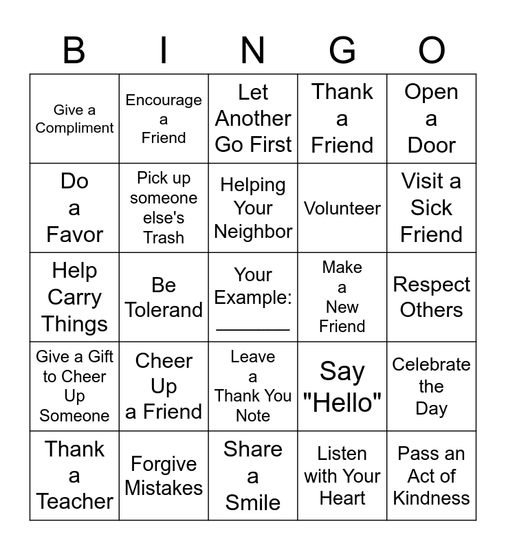 Random Acts of Kindness Bingo Card