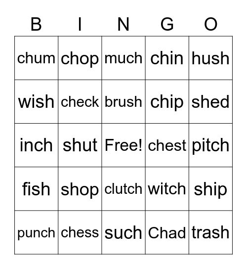 Digraph sh/ch BINGO Card