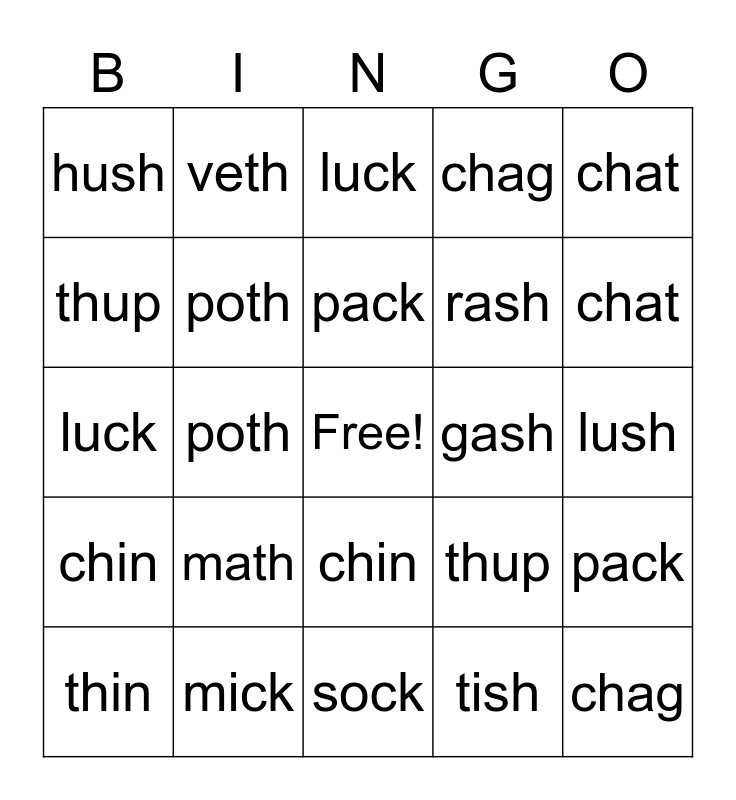 Digraph Words Bingo Card