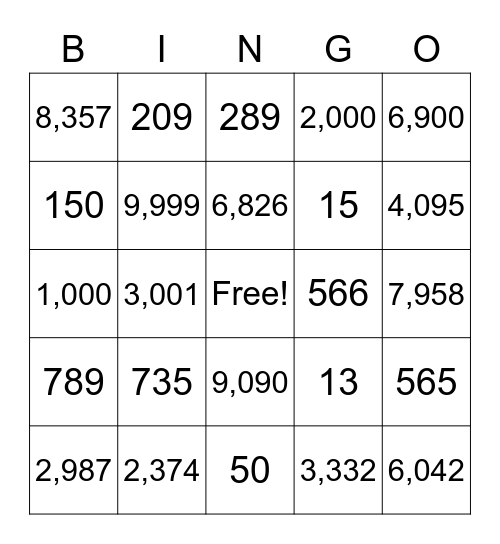 Numbers Bingo Card