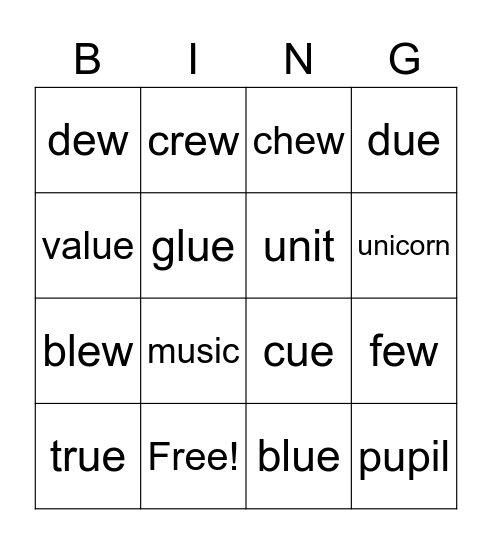 Long U Bingo Card