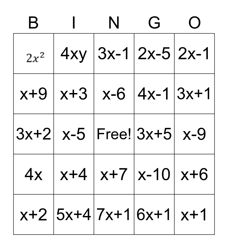 Factoring Bingo Card