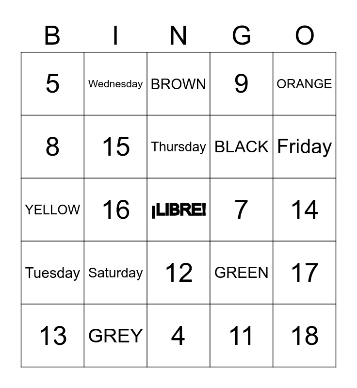 Números, colores y días de la semana Bingo Card