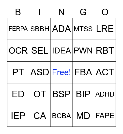 Special Education Acronym Bingo Card