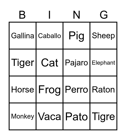 Animals in Spanish Bingo Card