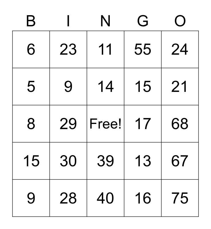Number Bingo 1-75 Bingo Card