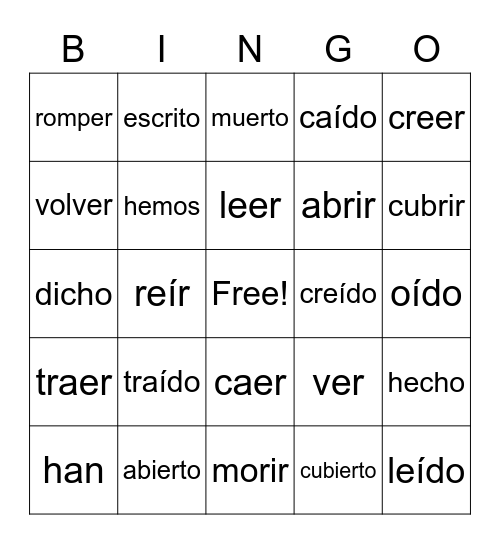 Present Perfect Bingo Card