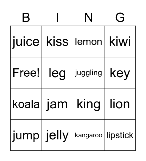 Jj / Kk / Ll Bingo Card