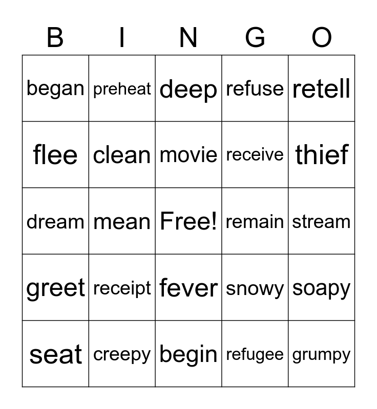 Long e Patterns Bingo Card