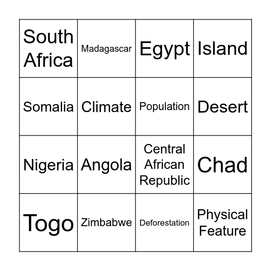 Learn About Africa Bingo Card
