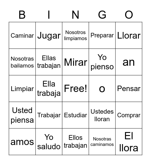 Verbos Bingo Card