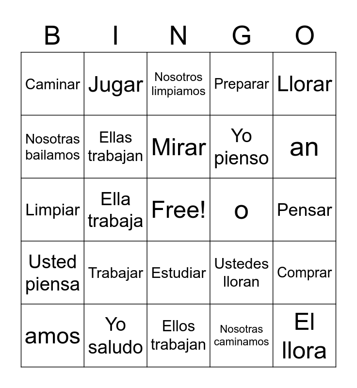 Verbos Bingo Card