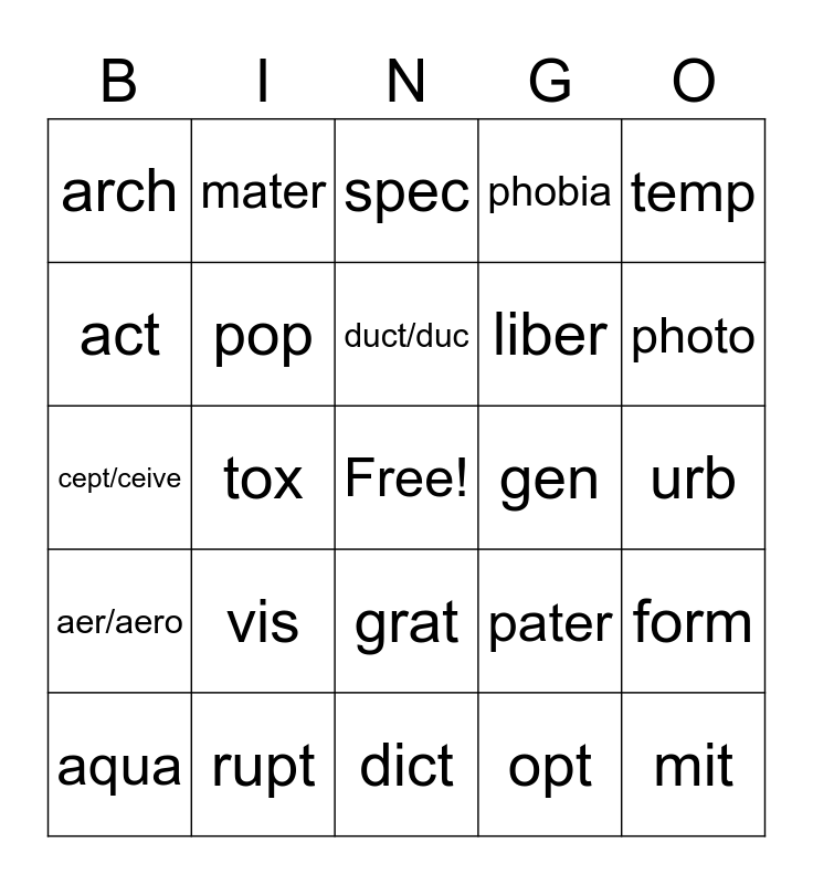 Weeks 16-20 root review Bingo Card