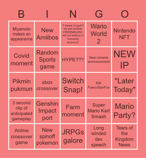 Nintendo bingo Card