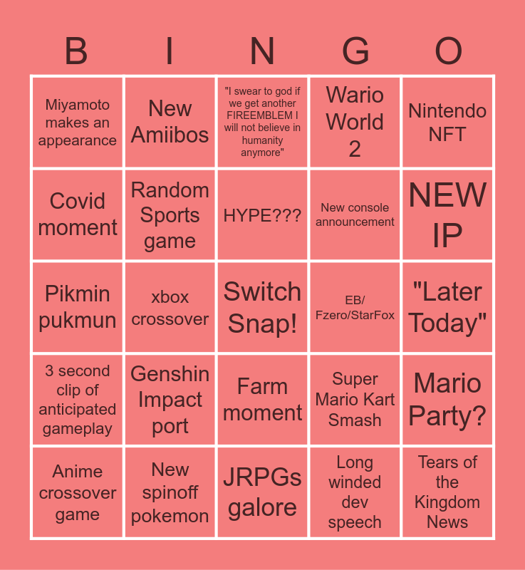 Nintendo bingo Card
