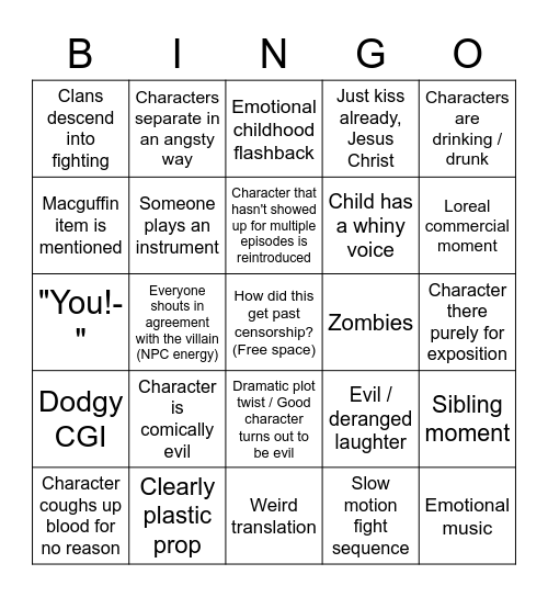 Period C Drama Bingo Card Period C Drama Bingo Card