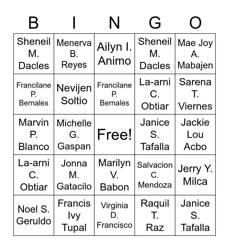 MG BINGO Card