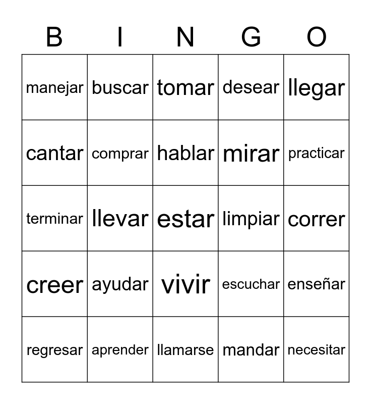 Lista de verbos, español 1 Bingo Card