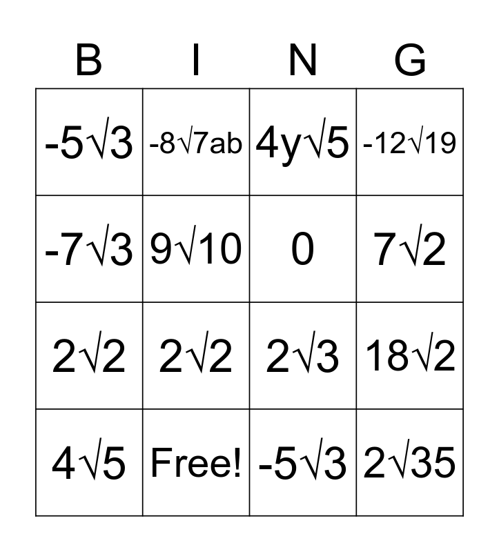 Radical Functions Bingo Card