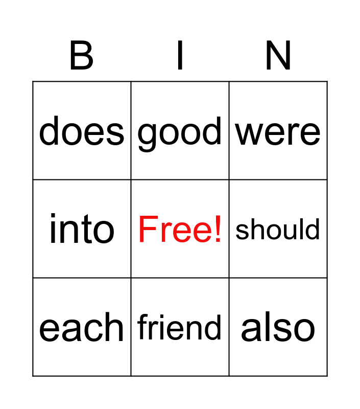 Level 1 Trick Words Bingo Card