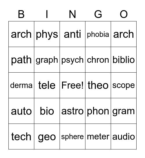 LATIN/GREEK ROOT WORDS Bingo Card