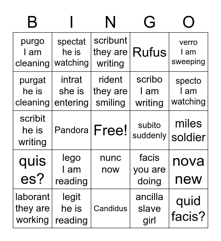 Latin: Chapter 3 Minimus Bingo Card