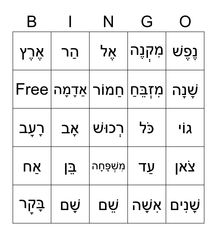 Lech L'cha common milim (1-30) - Hebrew Bingo Card