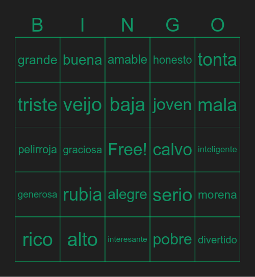 Spanish Adjectives Bingo Card