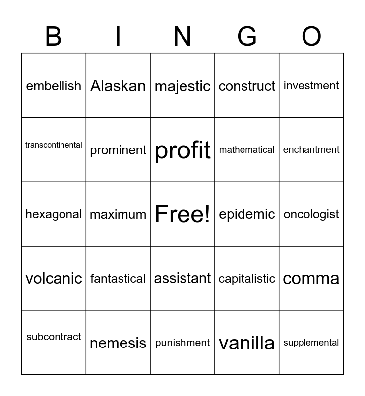 Multi-syllabic Words Bingo Card