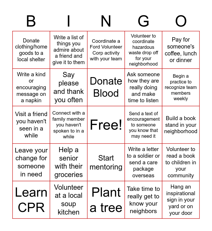 Random Acts of Kindness Bingo Card Bingo Card