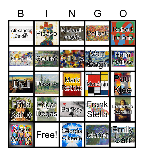 Masterpiece Monday Famous Artists Bingo Card