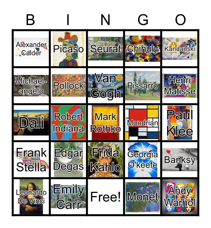 Masterpiece Monday Famous Artists Bingo Card