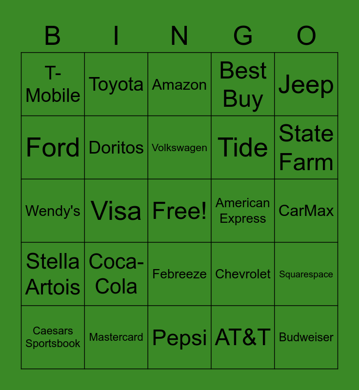SUPER BOWL COMMERCIAL BINGO Card