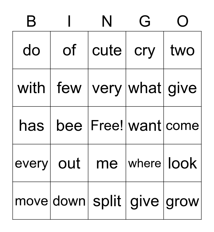 Word Bingo Card