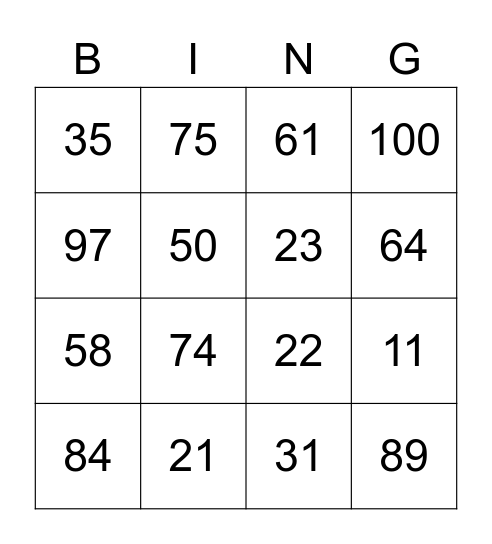Numbers! Bingo Card