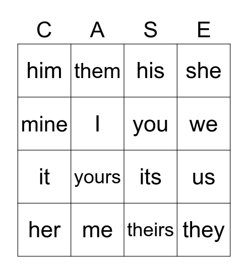 Pronoun Bingo Card