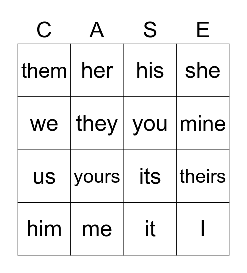 Pronoun Bingo Card