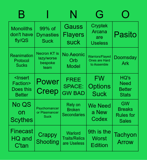 Necrontyr Bingomancer Bitching Bingo Card
