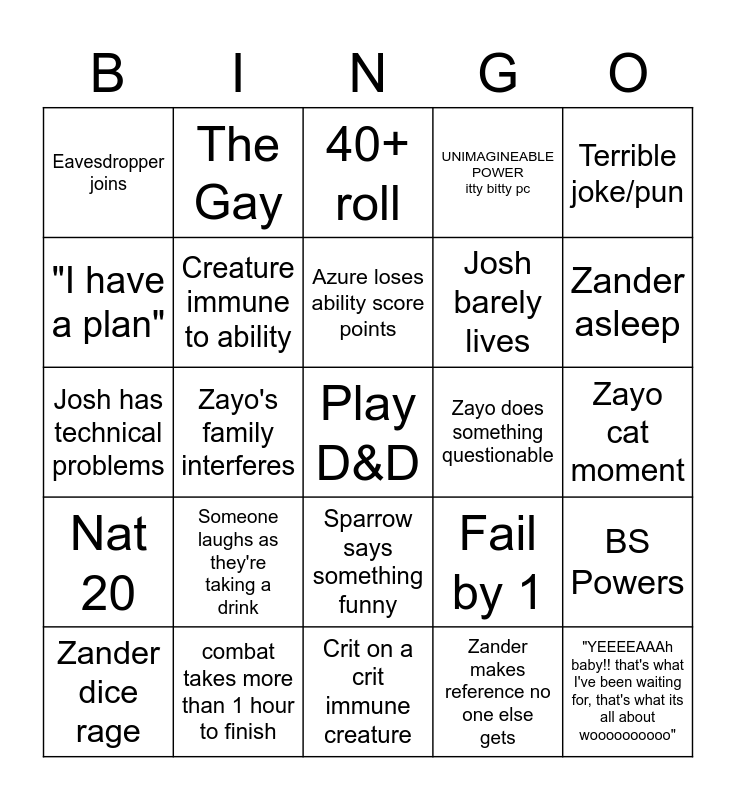 Oriel Bingo Card