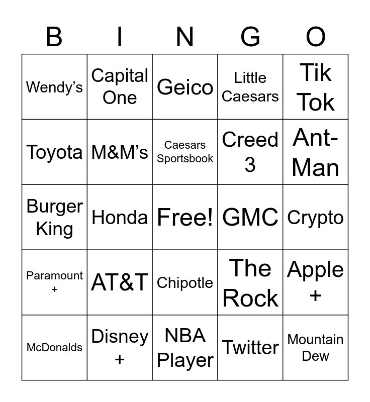 Super Bowl Commercial Bingo Card
