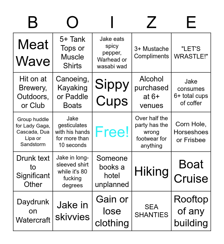 Jake Bachelor Bingo Card