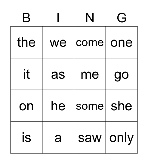 Sight Word Bingo Card